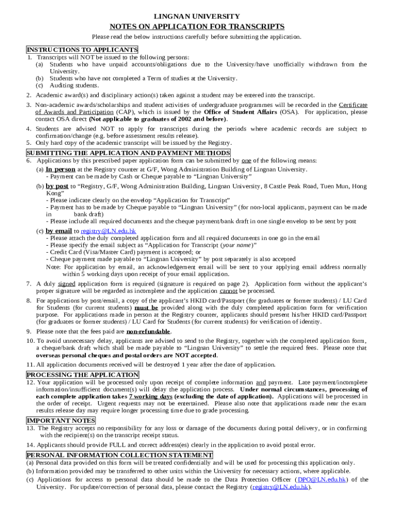 Application for Transcripts - Lingnan University Doc Template | pdfFiller