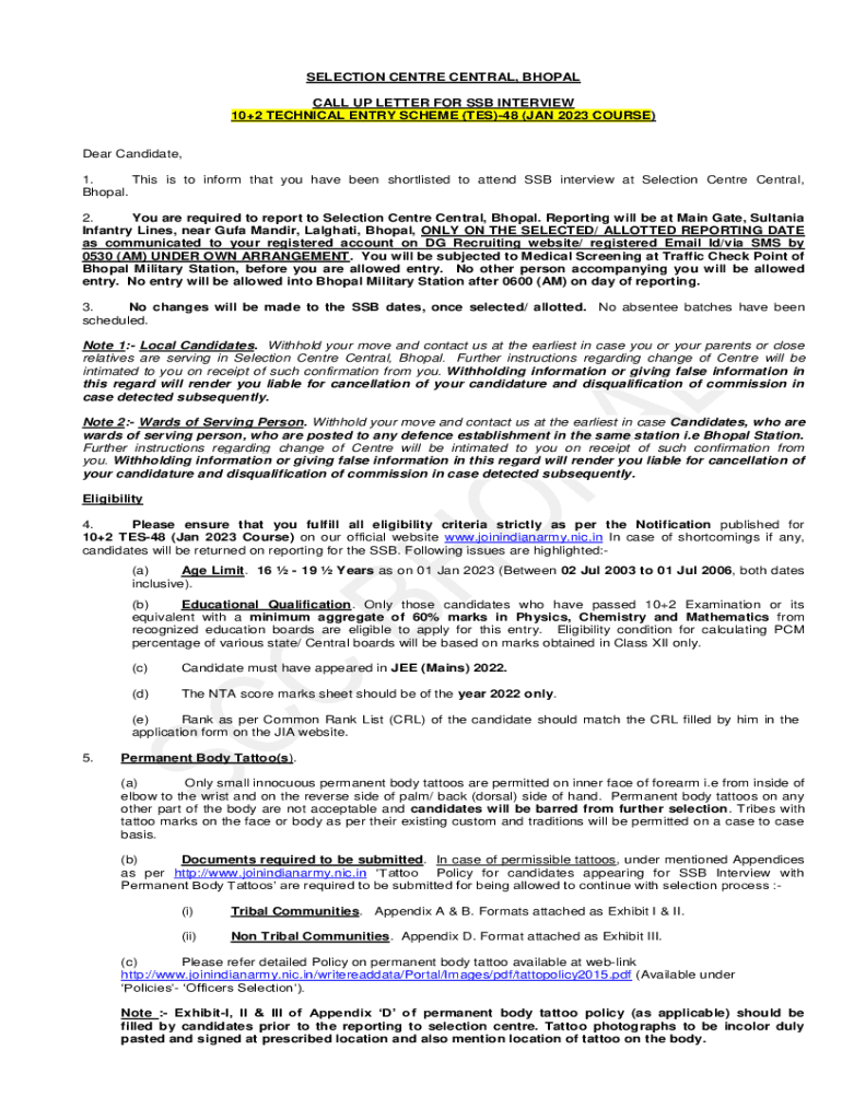 Fillable Online SSB Call-up letters for 10+2 B.Tech Entry have been ...