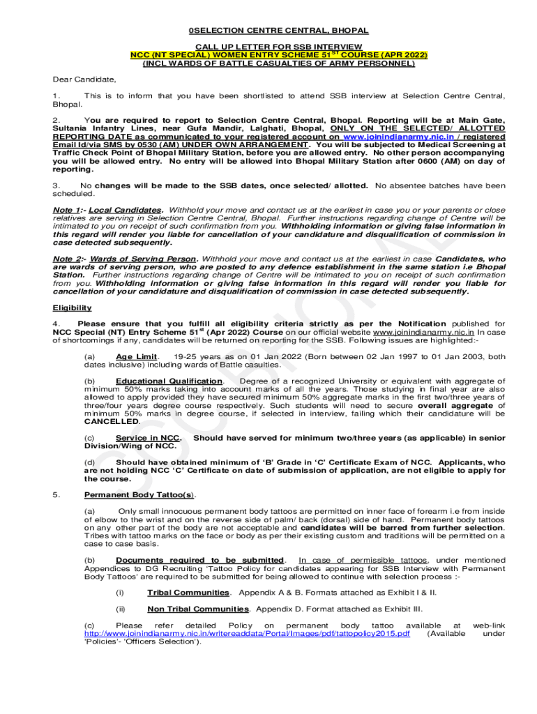 Fillable Online call up letter for ssb interview ncc (nt special) women ...