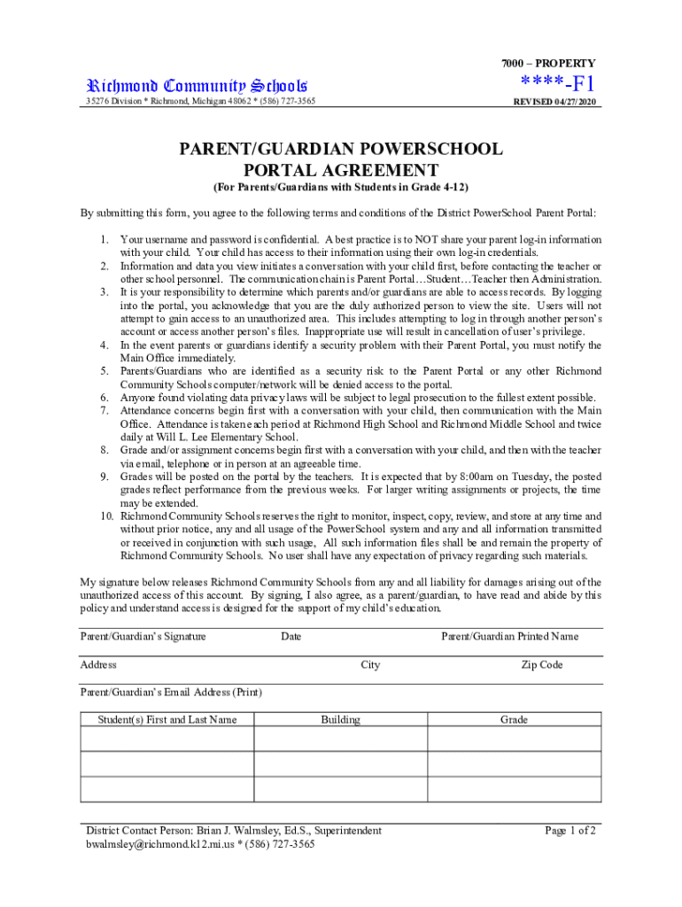 Fillable Online Parent/Guardian PowerSchool Portal Agreement Fax Email Print - pdfFiller