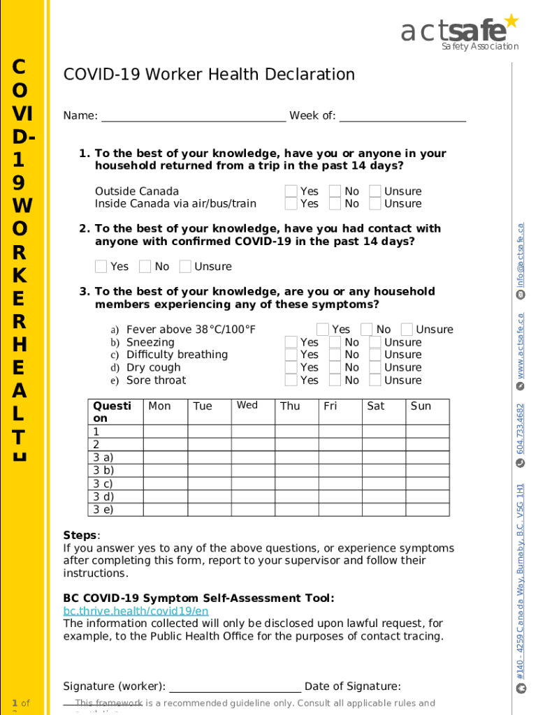 COVID-19 Worker Health Declaration Doc Template | pdfFiller