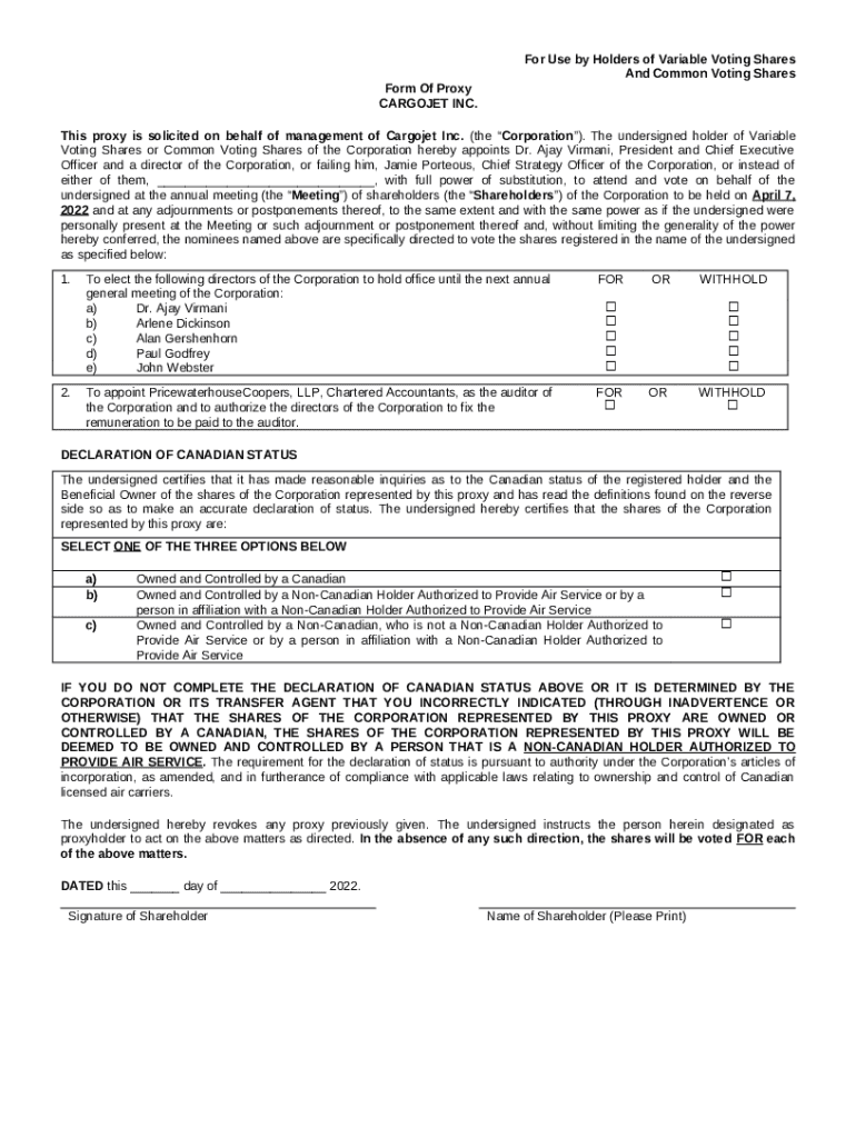 of Proxy - Variable Voting Shares - Cargojet.com Doc Template | pdfFiller