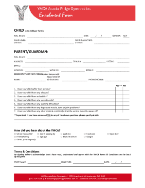 Fillable Online YMCA Acacia Ridge Gymnastics - Enrolment Form Fax Email ...