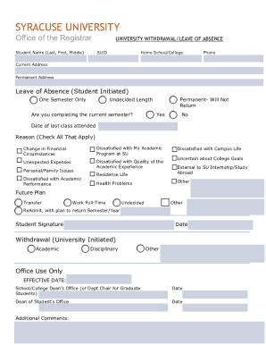 Fillable Online registrar syr University Withdrawal and Leave of Absence Form. Student Form Fax ...
