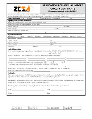 Fillable Online Application for Annual Import Quality Certificate ...