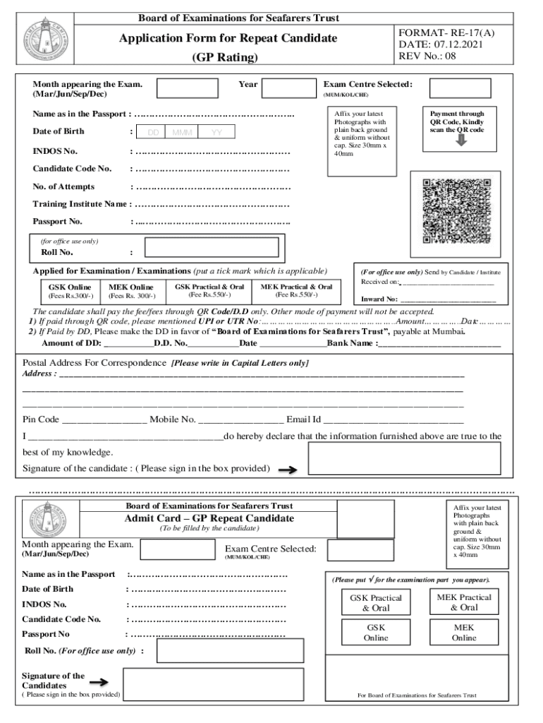 Fillable Online seafarers edu Application Form for Repeat Candidate (GP Rating) Fax Email Print ...