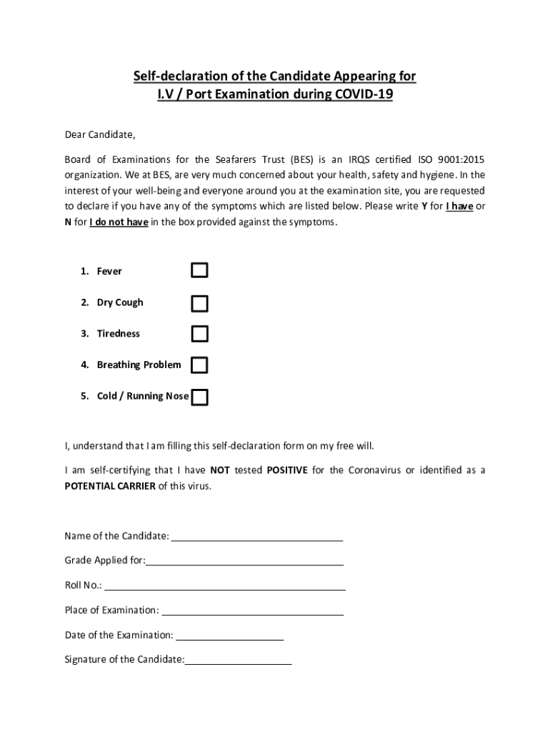 Fillable Online seafarers edu Self-declaration of the Candidate Appearing for I.V / Port ... Fax ...