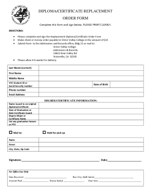 Fillable Online DIPLOMA/CERTIFICATE REPLACEMENT ORDER FORM Fax Email ...