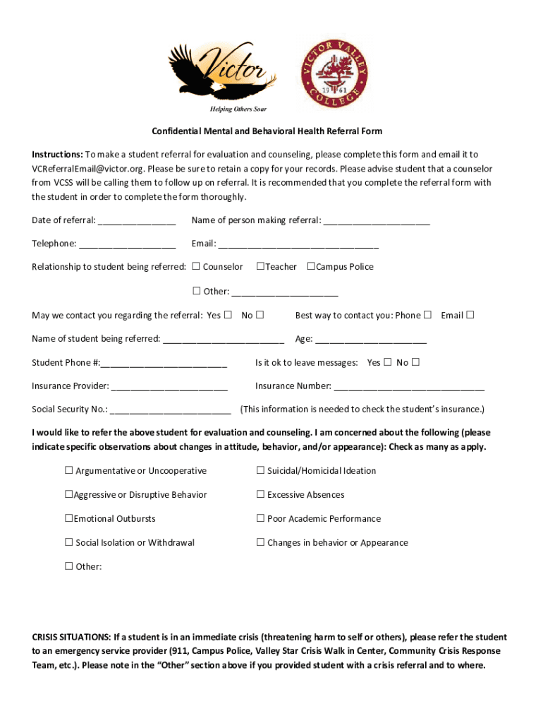 Fillable Online Confidential Mental and Behavioral Health Referral Form ...
