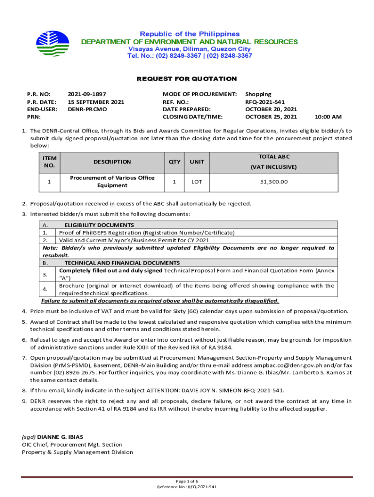 Fillable Online REQUEST FOR QUOTATION P.R. NO: 2021-09-1897 ... - DENR Fax Email Print - pdfFiller