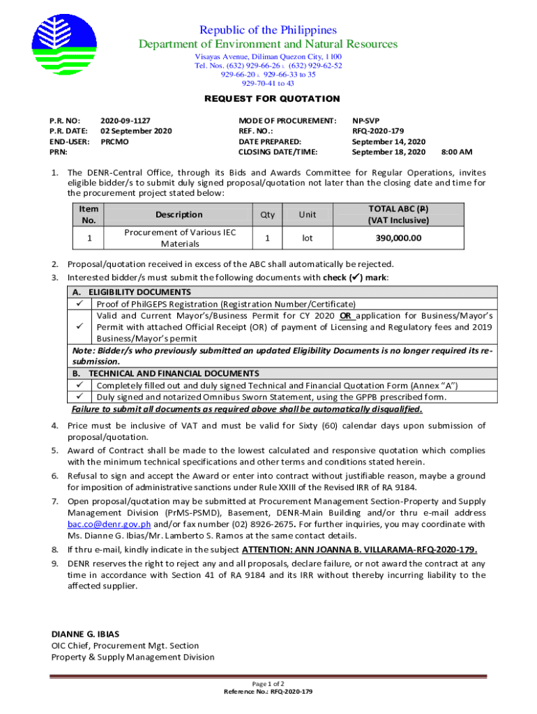 Fillable Online The DENR-Central Office, through its Bids and Awards ...