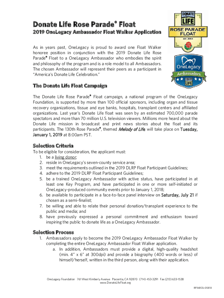 Fillable Online 2019 OneLegacy Ambassador Float Walker Application Fax ...