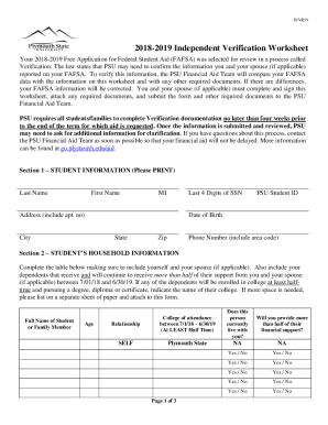 Fillable Online 2018-2019 Verification Worksheet Independent Student - Assets Fax Email Print ...