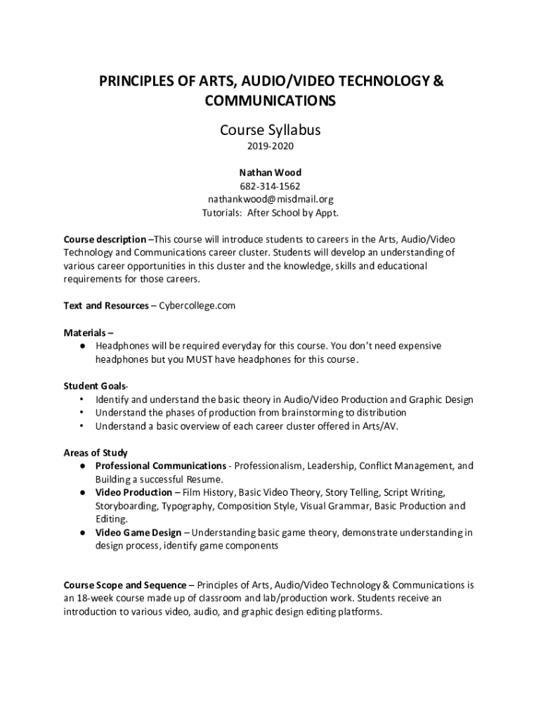 Fillable Online Scope and Sequence: Principles of Arts, Audio/Video ...