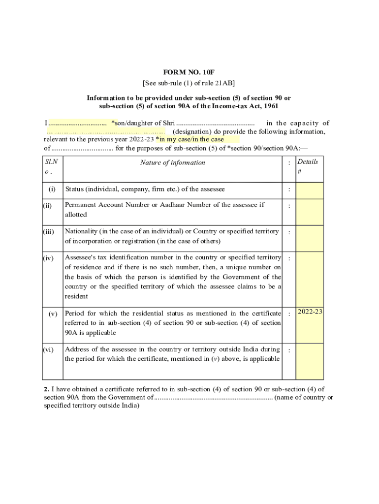 Fillable Online (On Company Letter Head) FORM NO. 10F See sub-rule (1 ...