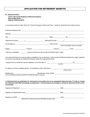 Fillable Online APPLICATION FOR RETIREMENT BENEFITS - AC Transit Fax ...