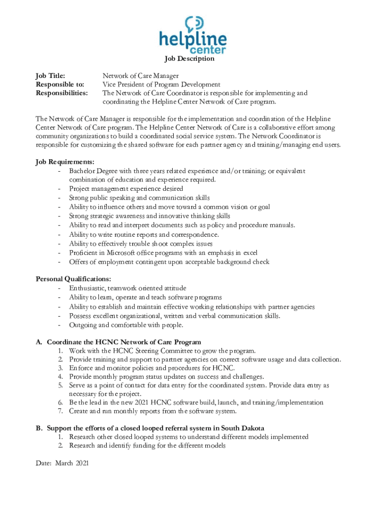 Fillable Online Care Coordinator Job Description Template Fax Email ...