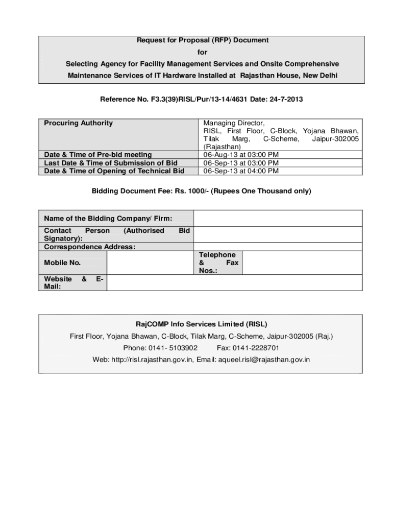 Fillable Online risl rajasthan gov Request for Proposal (RFP) Document for Selecting Agency ...