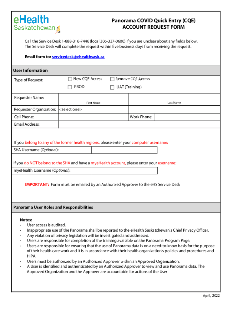 Fillable Online Account Request Form - Panorama - eHealth Saskatchewan ...