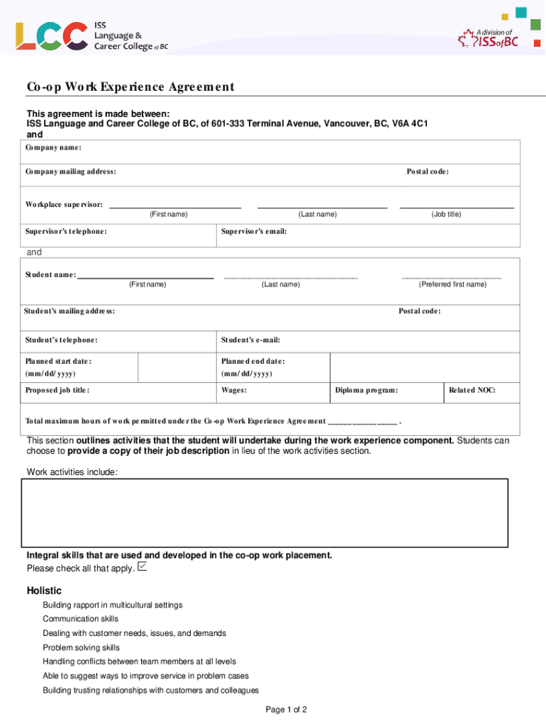 Fillable Online Co-op Work Experience Agreement Fax Email Print - pdfFiller