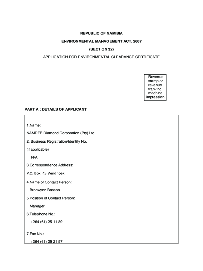 Fillable Online Form 1 REPUBLIC OF NAMIBIA ENVIRONMENTAL ... - EIS Fax ...