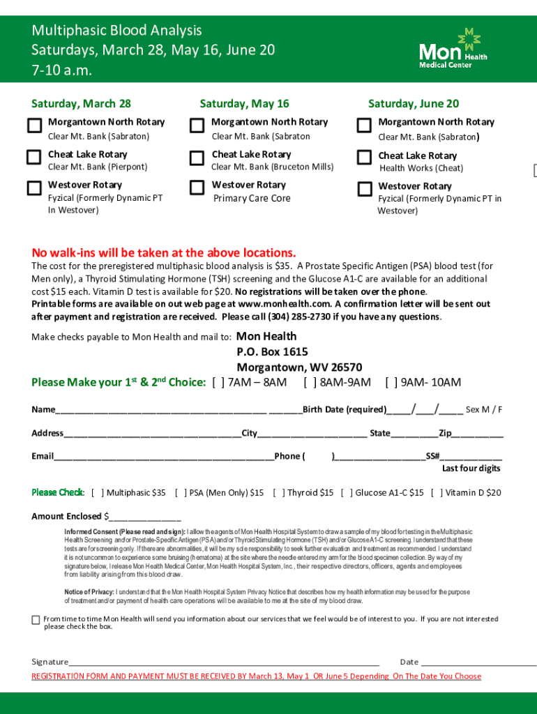 Fillable Online Mon Health Medical Center offering multiphasic blood ...