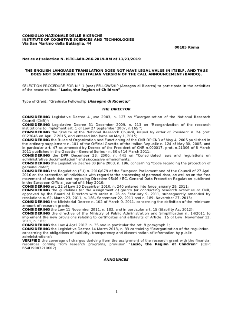 Type of Grant: "Graduate Fellowship (Assegno di Ricerca)" - istc cnr Doc Template | pdfFiller