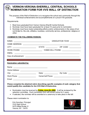 Fillable Online vernon-verona-sherrill central schools nomination form ...