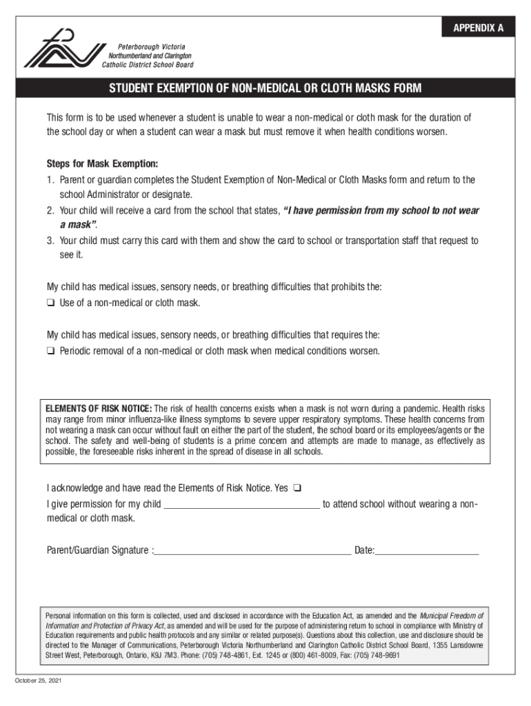 Fillable Online student exemption of non-medical or cloth masks form ...