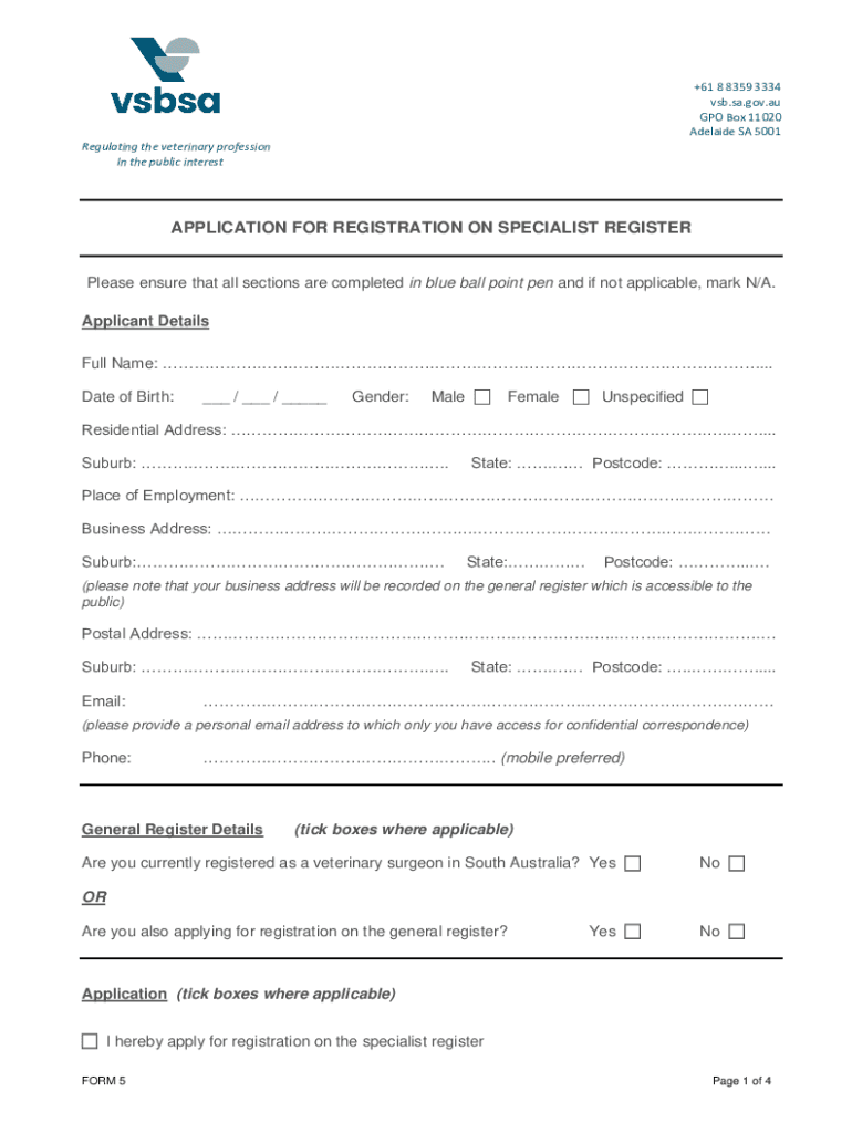 Fillable Online Application for Registration on Specialist Register Fax ...