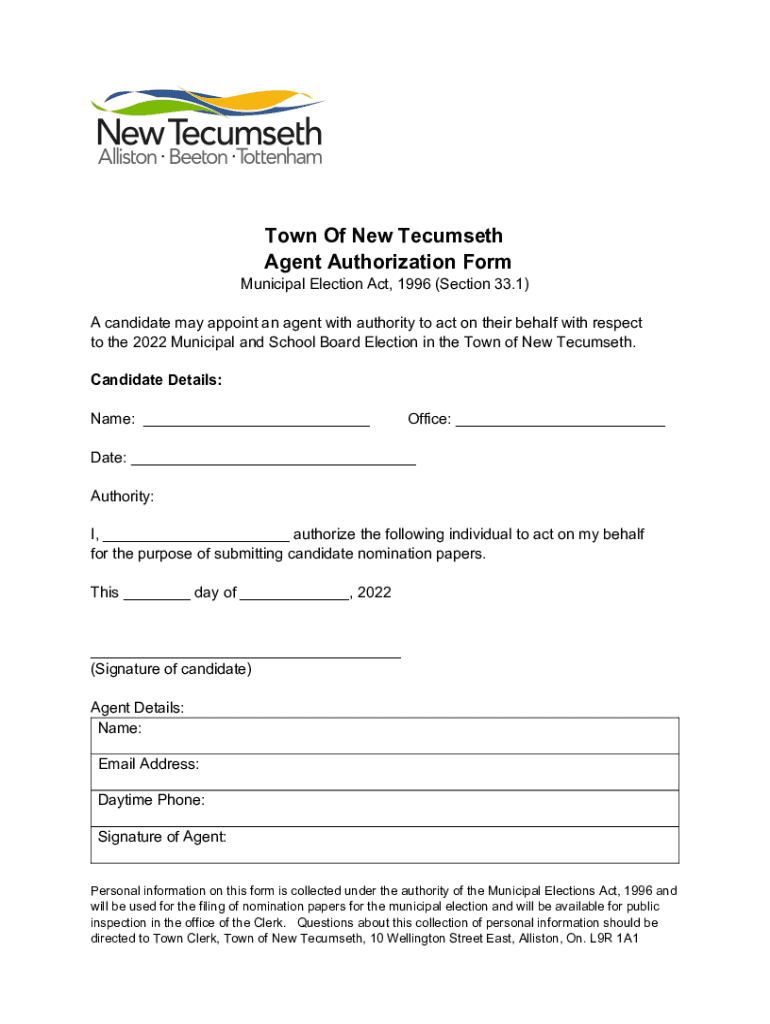 Fillable Online Town Of New Tecumseth Agent Authorization Form Fax ...