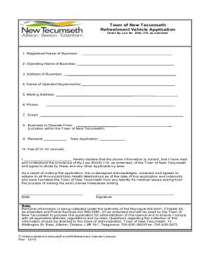 Fillable Online Town of New Tecumseth Refreshment Vehicle Application ...