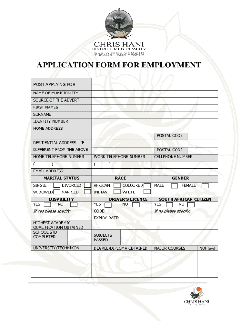 Fillable Online application form for employment - Chris Hani District ...