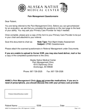 Fillable Online Pain Management Questionnaire Dear Patient, You are ...