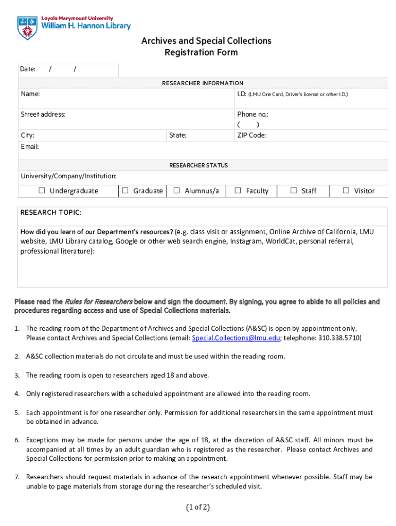 Fillable Online library lmu Archives and Special Collections Registration Form Fax Email Print ...