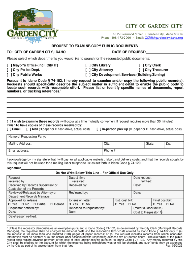 Fillable Online Public Records Request ( PRR ) - Garden City, Idaho Fax ...