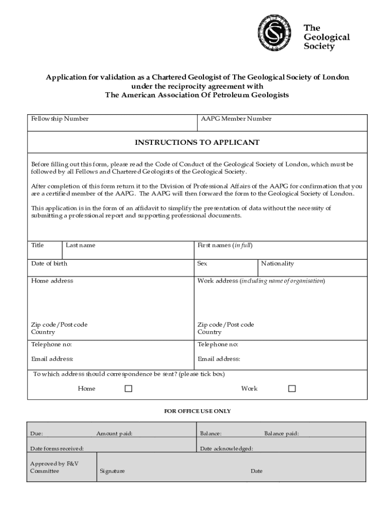 Fillable Online Application for validation as a Chartered Geologist of ...