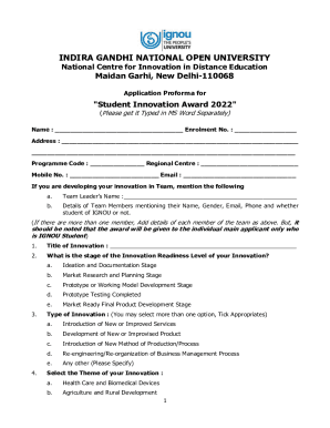 Fillable Online IGNOU Student Innovation Award 2022 application forms ...