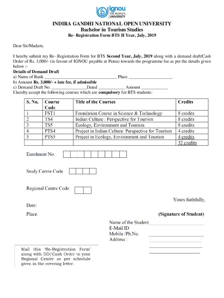 Fillable Online rcpatna ignou ac Re-Registration Form For BTS (Bachelor ...
