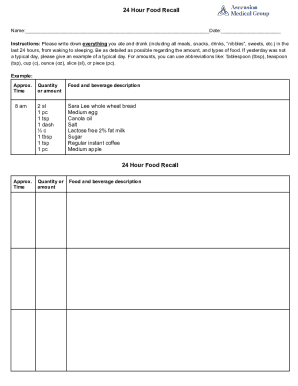 Fillable Online 24-hour Dietary Recall Form - KU HealthPartners, Inc. Fax Email Print - pdfFiller