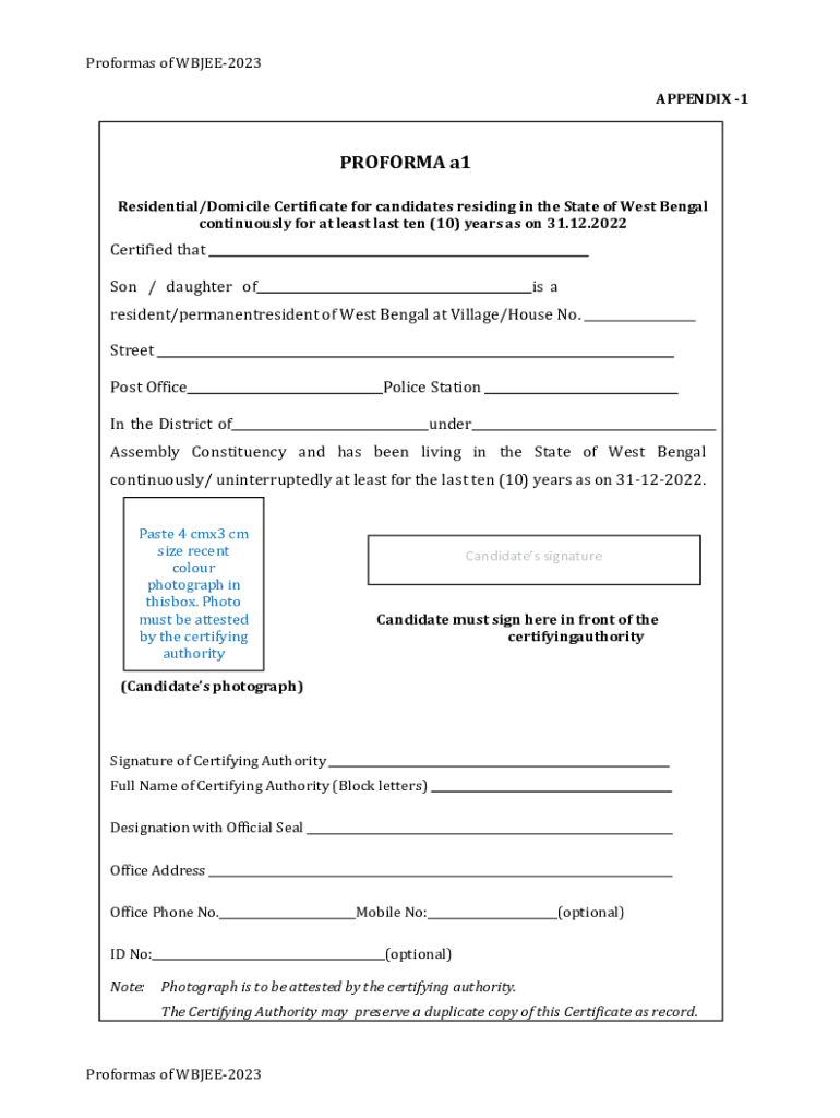 Fillable Online PROFORMA A Residential/Domicile Certificate for ...