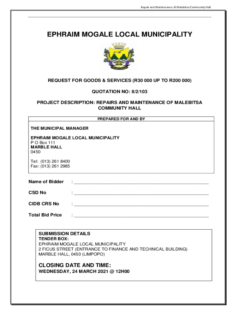 Fillable Online Repair and Maintenance of Malebitsa Community Hall Fax ...