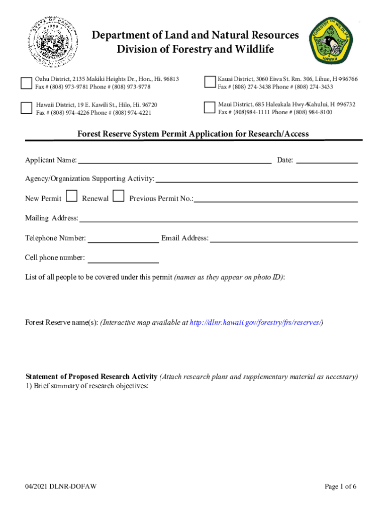 Fillable Online Forest Reserve System Permit Application for Research ...