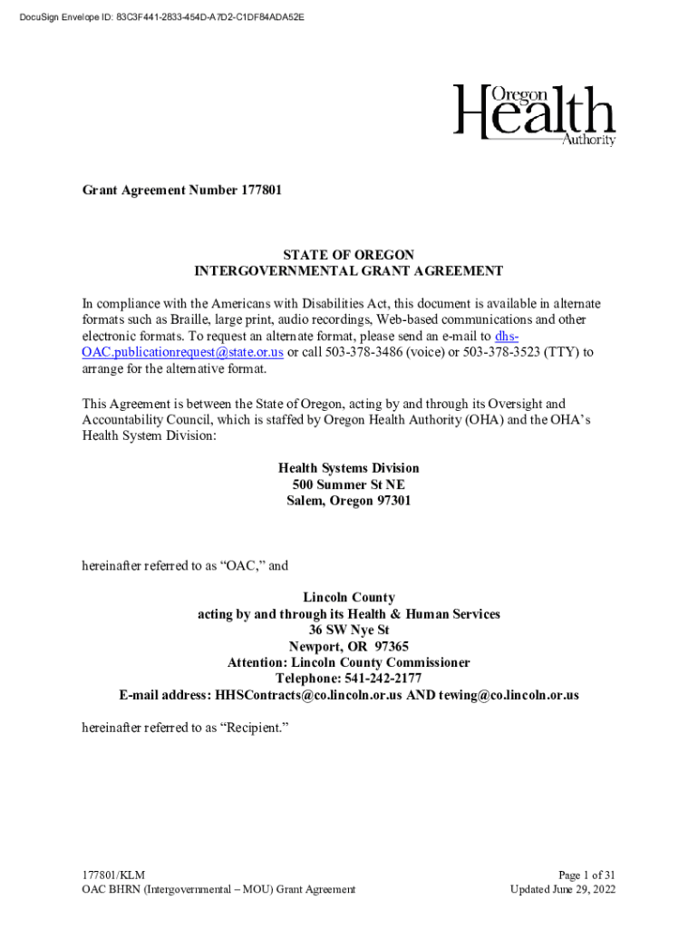 Fillable Online OHA Grant Agreement Fax Email Print - pdfFiller
