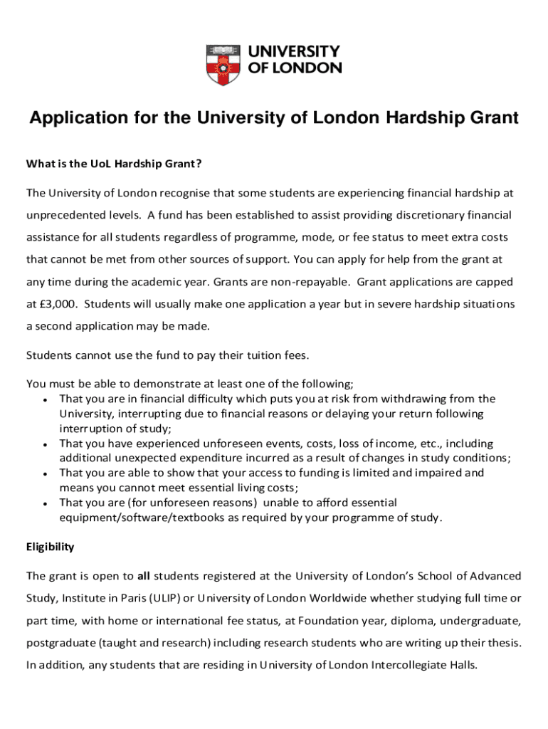 Fillable Online Application for the University of London Hardship Grant ...
