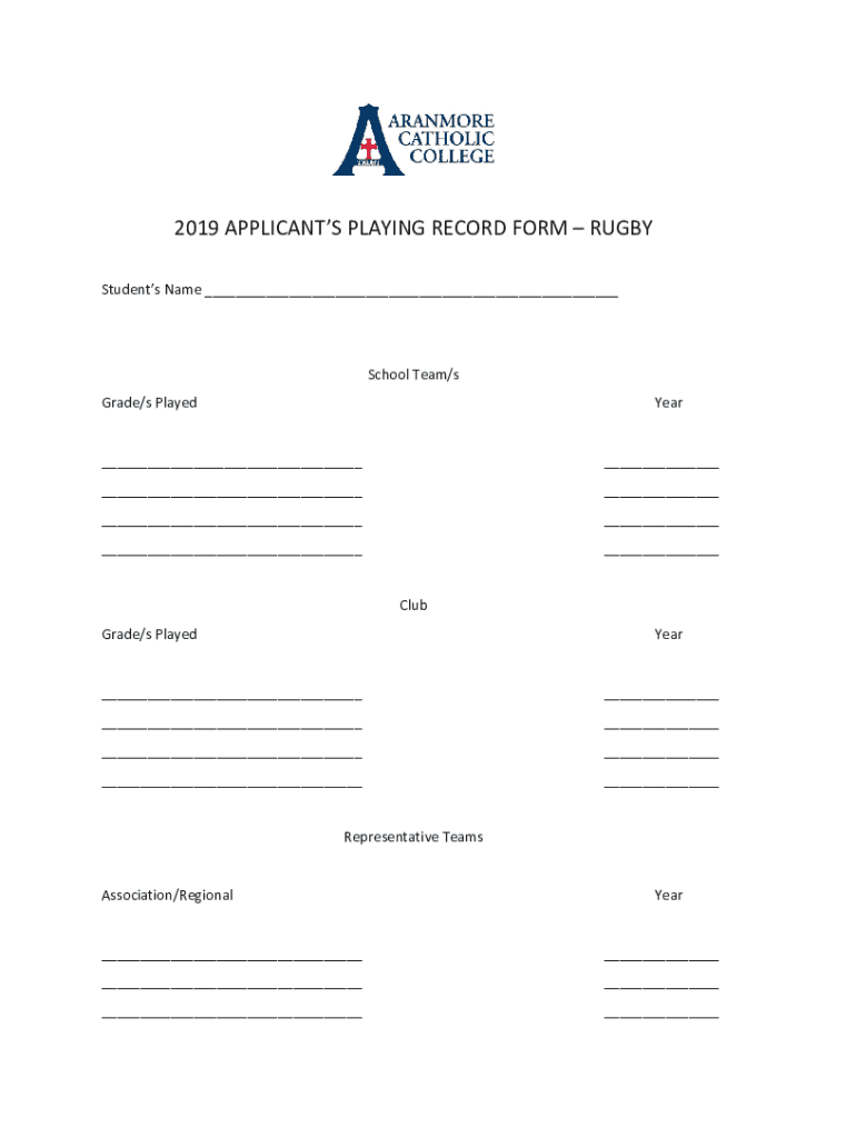 Fillable Online 2019 APPLICANTS PLAYING RECORD FORM RUGBY Fax Email ...