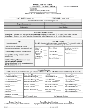 Fillable Online Indicate your primary 8th grade choice electives by ...