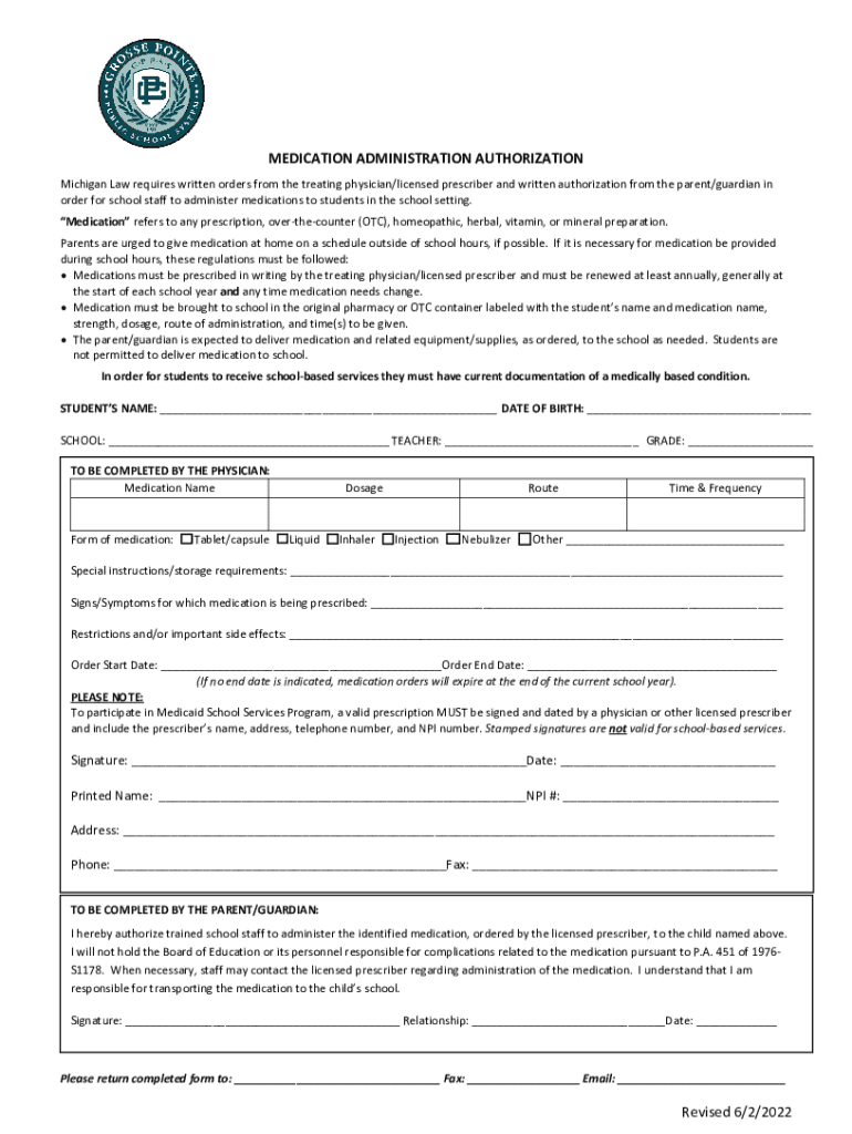 Fillable Online Medication Administration AuthorizationGrace Health Fax ...