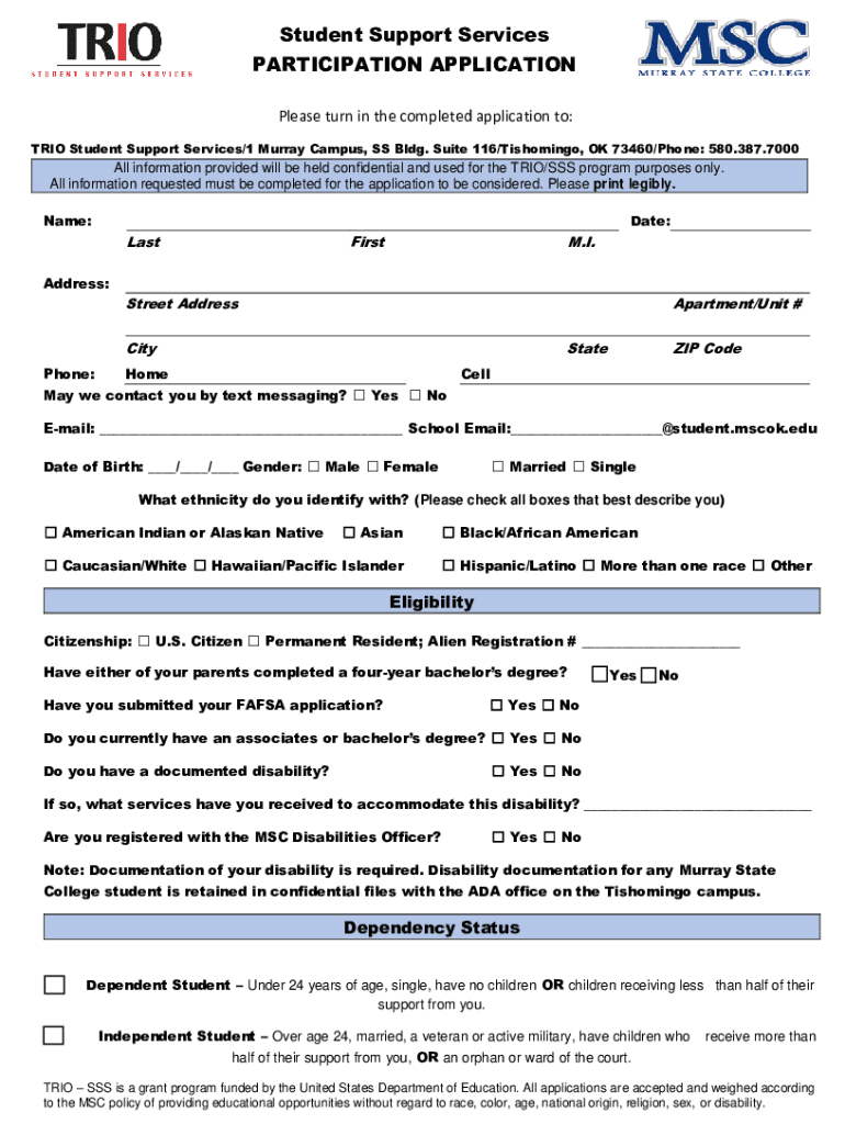 Fillable Online TRiO Student Support Services (SSS) - Murray State University Fax Email Print ...
