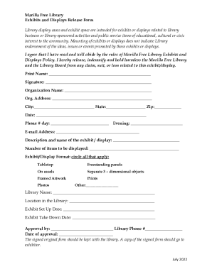 Fillable Online Marilla Free Library Exhibits and Displays Release Form ...